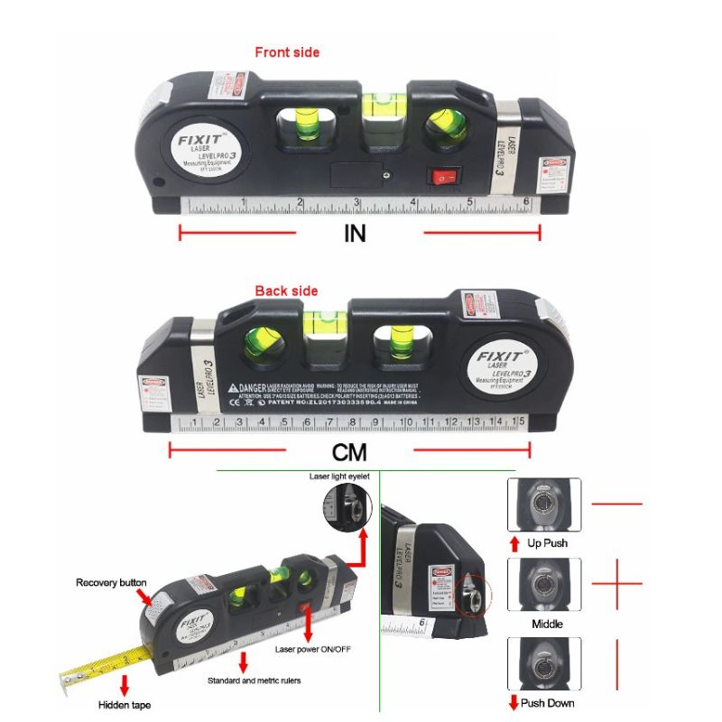 4-in-1 Fixit Laser Level Measuring Tool – With 8ft Tape, Triple Bubble ...